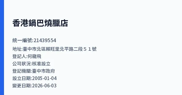香港鍋巴燒臘店的照片-統編 21439554(臺中市) 公司登記資料與營業項目詳細圖表