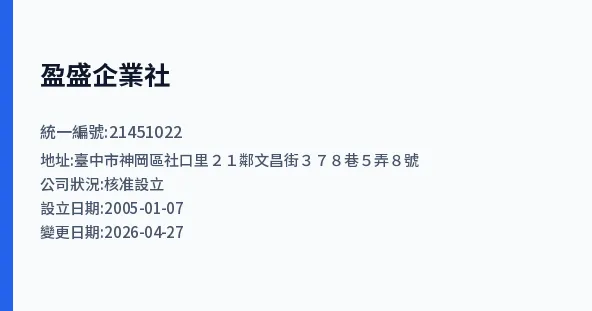 盈盛企業社的照片-統編 21451022(臺中市) 公司登記資料與營業項目詳細圖表