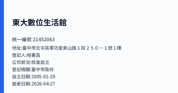 東大數位生活館的照片-統編 21452063(臺中市) 公司登記資料與營業項目詳細圖表