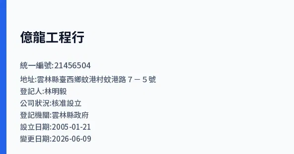 億龍工程行的照片-統編 21456504(雲林縣) 公司登記資料與營業項目詳細圖表