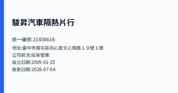 駿昇汽車隔熱片行的照片-統編 21458616(臺中市) 公司登記資料與營業項目詳細圖表