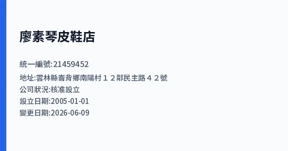 廖素琴皮鞋店的照片-統編 21459452(雲林縣) 公司登記資料與營業項目詳細圖表