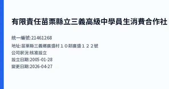 有限責任苗栗縣立三義高級中學員生消費合作社的照片-統編 21461268(苗栗縣) 公司登記資料與營業項目詳細圖表