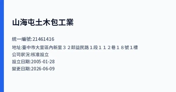 山海屯土木包工業的照片-統編 21461416(臺中市) 公司登記資料與營業項目詳細圖表