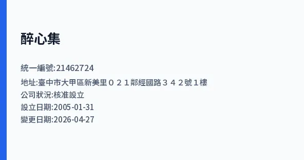 醉心集的照片-統編 21462724(臺中市) 公司登記資料與營業項目詳細圖表