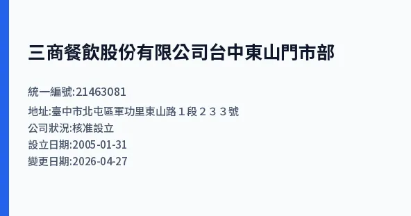 三商餐飲股份有限公司台中東山門市部的照片-統編 21463081(臺中市) 公司登記資料與營業項目詳細圖表