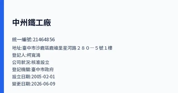 中州鐵工廠的照片-統編 21464856(臺中市) 公司登記資料與營業項目詳細圖表