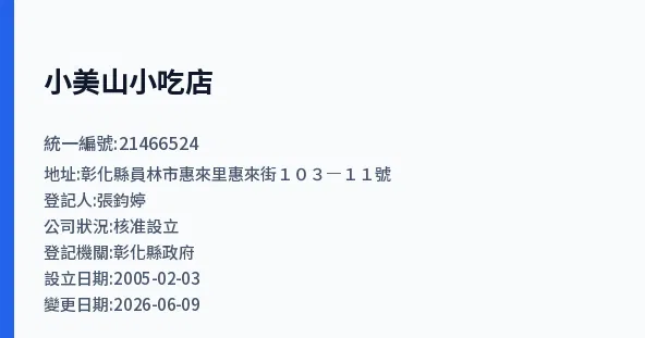 小美山小吃店的照片-統編 21466524(彰化縣) 公司登記資料與營業項目詳細圖表