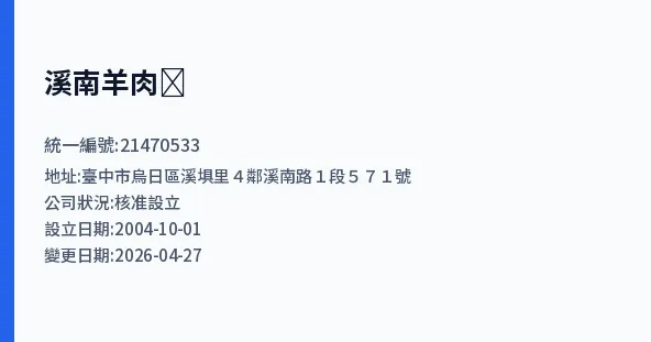 溪南羊肉𪸫的照片-統編 21470533(臺中市) 公司登記資料與營業項目詳細圖表