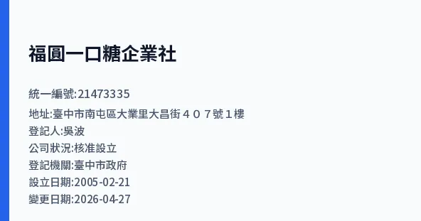 福圓一口糖企業社的照片-統編 21473335(臺中市) 公司登記資料與營業項目詳細圖表