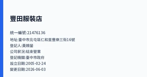 豐田服裝店的照片-統編 21476136(臺中市) 公司登記資料與營業項目詳細圖表