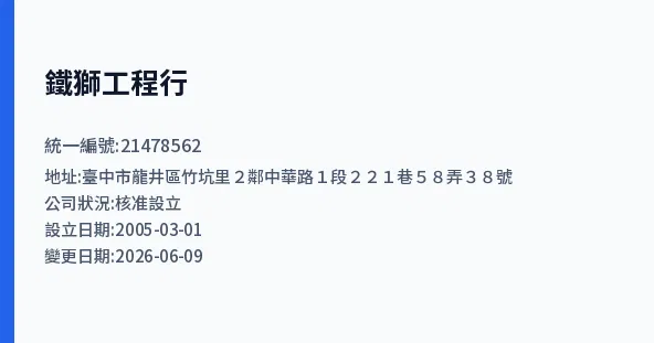鐵獅工程行的照片-統編 21478562(臺中市) 公司登記資料與營業項目詳細圖表