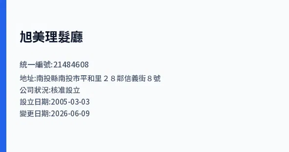 旭美理髮廳的照片-統編 21484608(南投縣) 公司登記資料與營業項目詳細圖表