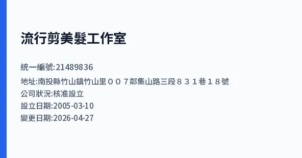 流行剪美髮工作室的照片-統編 21489836(南投縣) 公司登記資料與營業項目詳細圖表