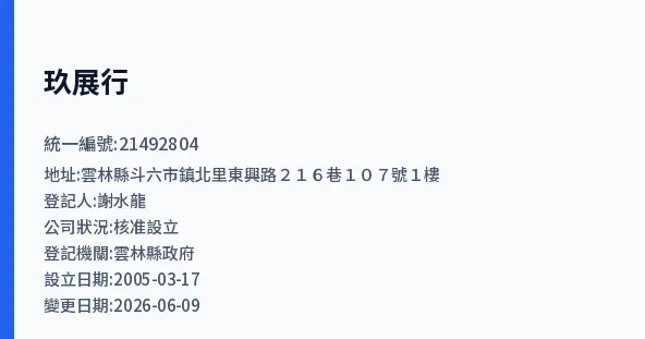 玖展行的照片-統編 21492804(雲林縣) 公司登記資料與營業項目詳細圖表