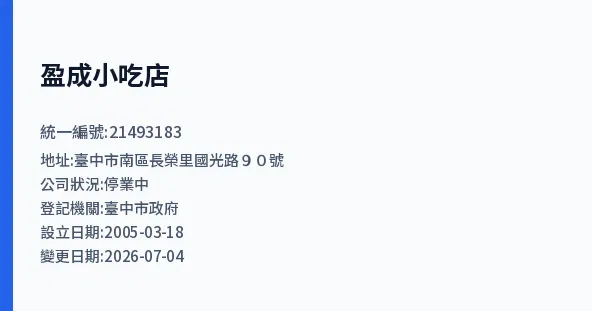盈成小吃店的照片-統編 21493183(臺中市) 公司登記資料與營業項目詳細圖表