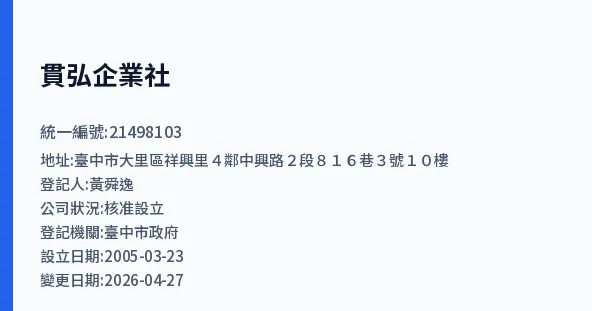 貫弘企業社的照片-統編 21498103(臺中市) 公司登記資料與營業項目詳細圖表