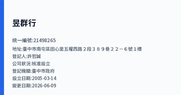 昱群行的照片-統編 21498265(臺中市) 公司登記資料與營業項目詳細圖表