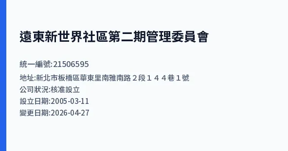 遠東新世界社區第二期管理委員會的照片-統編 21506595(新北市) 公司登記資料與營業項目詳細圖表
