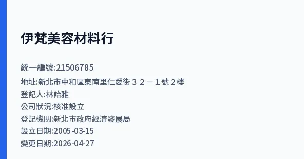 伊梵美容材料行的照片-統編 21506785(新北市) 公司登記資料與營業項目詳細圖表