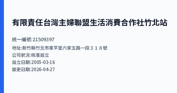 有限責任台灣主婦聯盟生活消費合作社竹北站的照片-統編 21509397(新竹縣) 公司登記資料與營業項目詳細圖表
