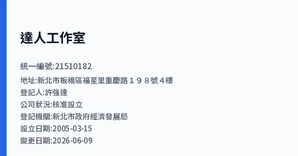 達人工作室的照片-統編 21510182(新北市) 公司登記資料與營業項目詳細圖表