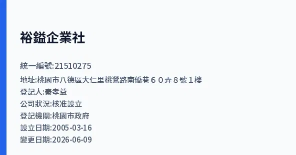 裕鎰企業社的照片-統編 21510275(桃園市) 公司登記資料與營業項目詳細圖表
