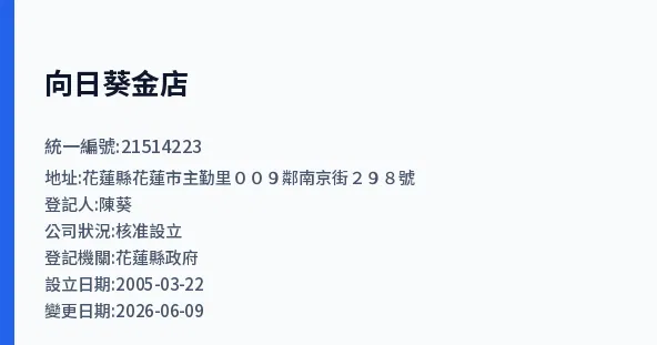 向日葵金店的照片-統編 21514223(花蓮縣) 公司登記資料與營業項目詳細圖表