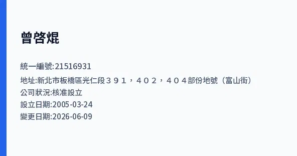 曾啓焜的照片-統編 21516931(新北市) 公司登記資料與營業項目詳細圖表