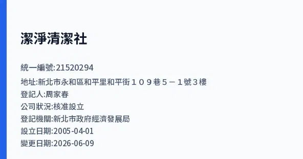 潔淨清潔社的照片-統編 21520294(新北市) 公司登記資料與營業項目詳細圖表