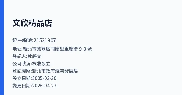 文欣精品店的照片-統編 21521907(新北市) 公司登記資料與營業項目詳細圖表