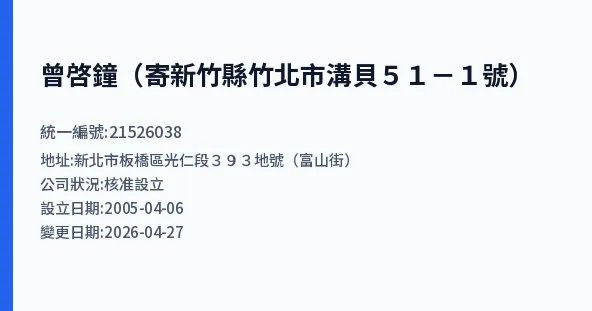 曾啓鐘(寄新竹縣竹北市溝貝51-1號)的照片-統編 21526038(新北市) 公司登記資料與營業項目詳細圖表