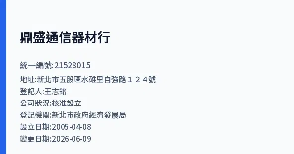 鼎盛通信器材行的照片-統編 21528015(新北市) 公司登記資料與營業項目詳細圖表