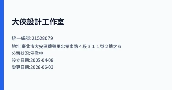 大俠設計工作室的照片-統編 21528079(臺北市) 公司登記資料與營業項目詳細圖表