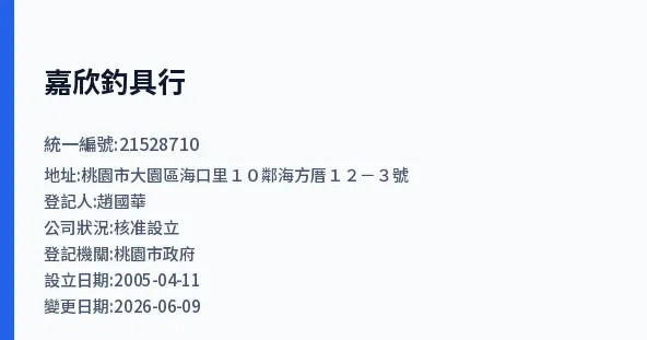 嘉欣釣具行的照片-統編 21528710(桃園市) 公司登記資料與營業項目詳細圖表