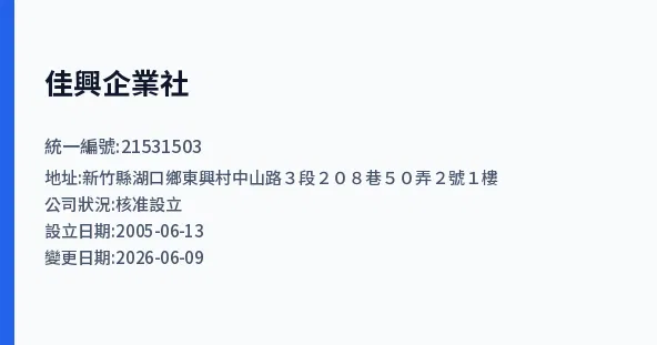 佳興企業社的照片-統編 21531503(新竹縣) 公司登記資料與營業項目詳細圖表