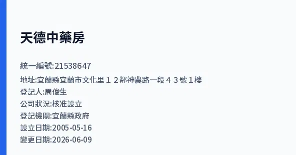 天德中藥房的照片-統編 21538647(宜蘭縣) 公司登記資料與營業項目詳細圖表