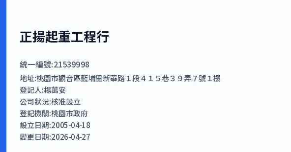 正揚起重工程行的照片-統編 21539998(桃園市) 公司登記資料與營業項目詳細圖表