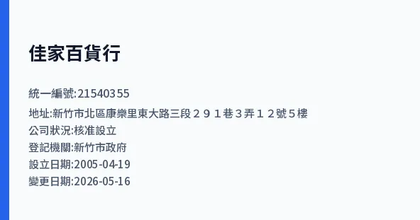 佳家百貨行的照片-統編 21540355(新竹市) 公司登記資料與營業項目詳細圖表