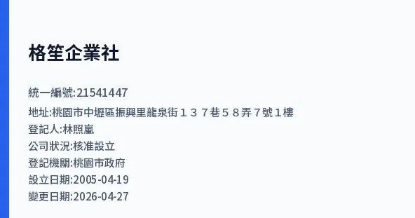 格笙企業社的照片-統編 21541447(桃園市) 公司登記資料與營業項目詳細圖表