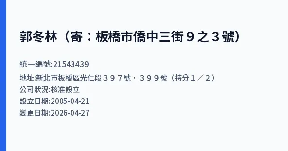 郭冬林(寄:板橋市僑中三街9之3號)的照片-統編 21543439(新北市) 公司登記資料與營業項目詳細圖表
