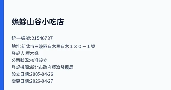 蟾蜍山谷小吃店的照片-統編 21546787(新北市) 公司登記資料與營業項目詳細圖表