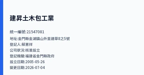 建昇土木包工業的照片-統編 21547081(金門縣) 公司登記資料與營業項目詳細圖表