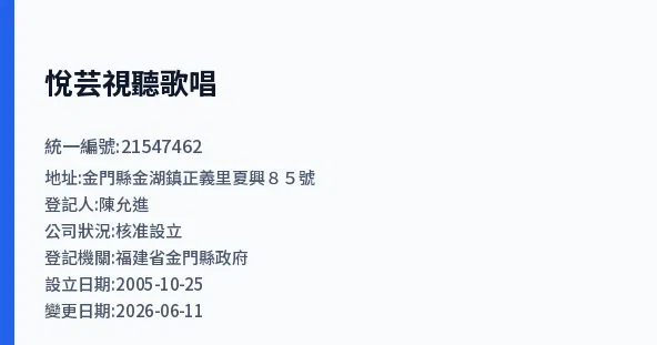 悅芸視聽歌唱的照片-統編 21547462(金門縣) 公司登記資料與營業項目詳細圖表