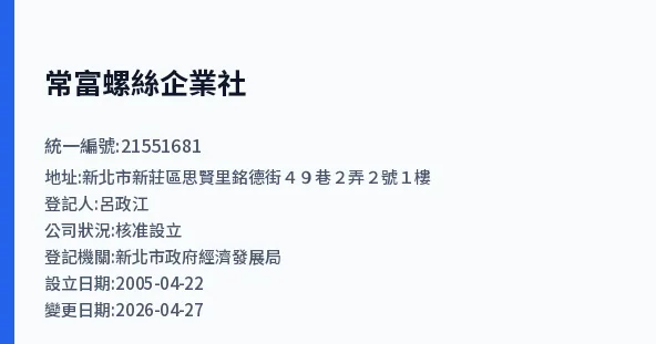 常富螺絲企業社的照片-統編 21551681(新北市) 公司登記資料與營業項目詳細圖表