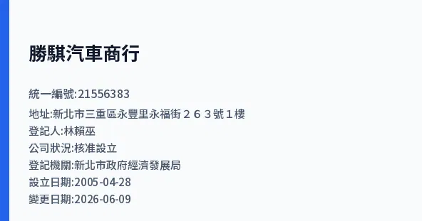 勝騏汽車商行的照片-統編 21556383(新北市) 公司登記資料與營業項目詳細圖表