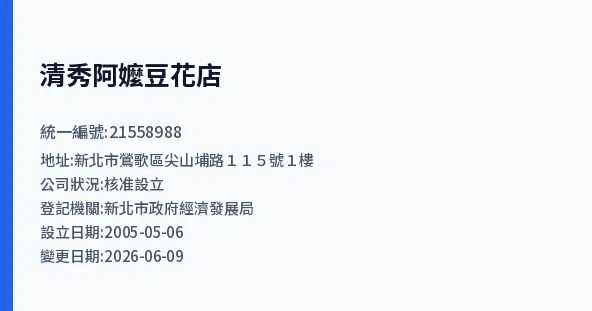清秀阿嬤豆花店的照片-統編 21558988(新北市) 公司登記資料與營業項目詳細圖表