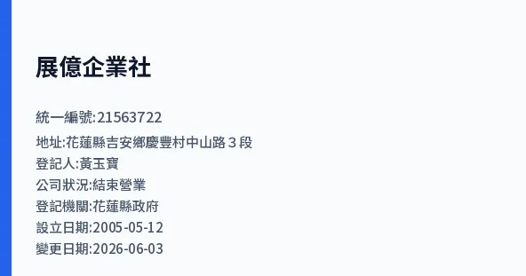展億企業社的照片-統編 21563722(花蓮縣) 公司登記資料與營業項目詳細圖表