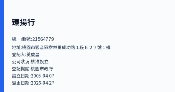 臻揚行的照片-統編 21564779(桃園市) 公司登記資料與營業項目詳細圖表