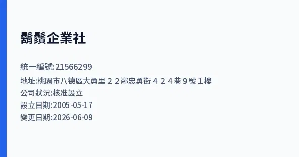 鬍鬚企業社的照片-統編 21566299(桃園市) 公司登記資料與營業項目詳細圖表